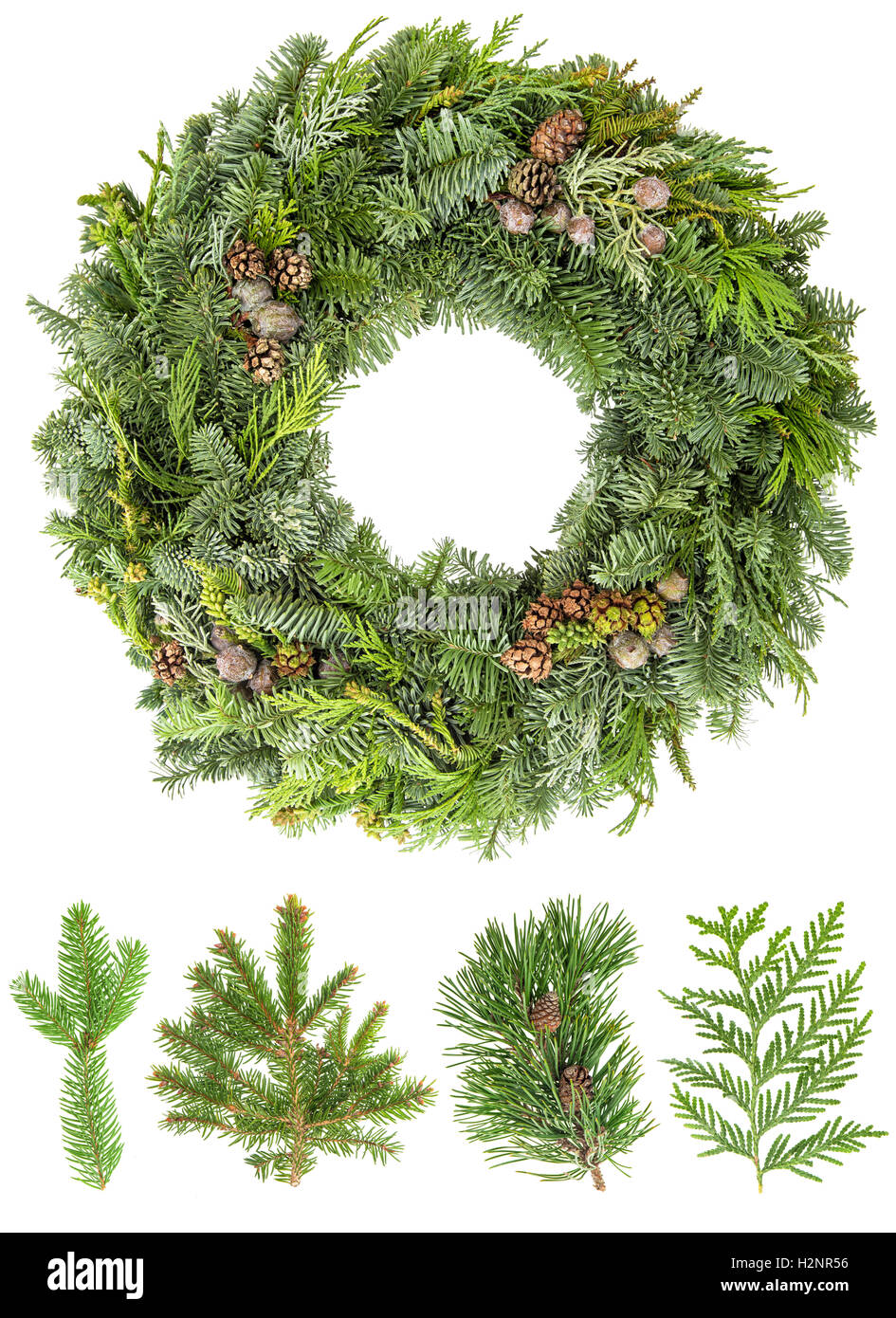 Christmas wreath from fir, pine and spruce and twigs with cones ...