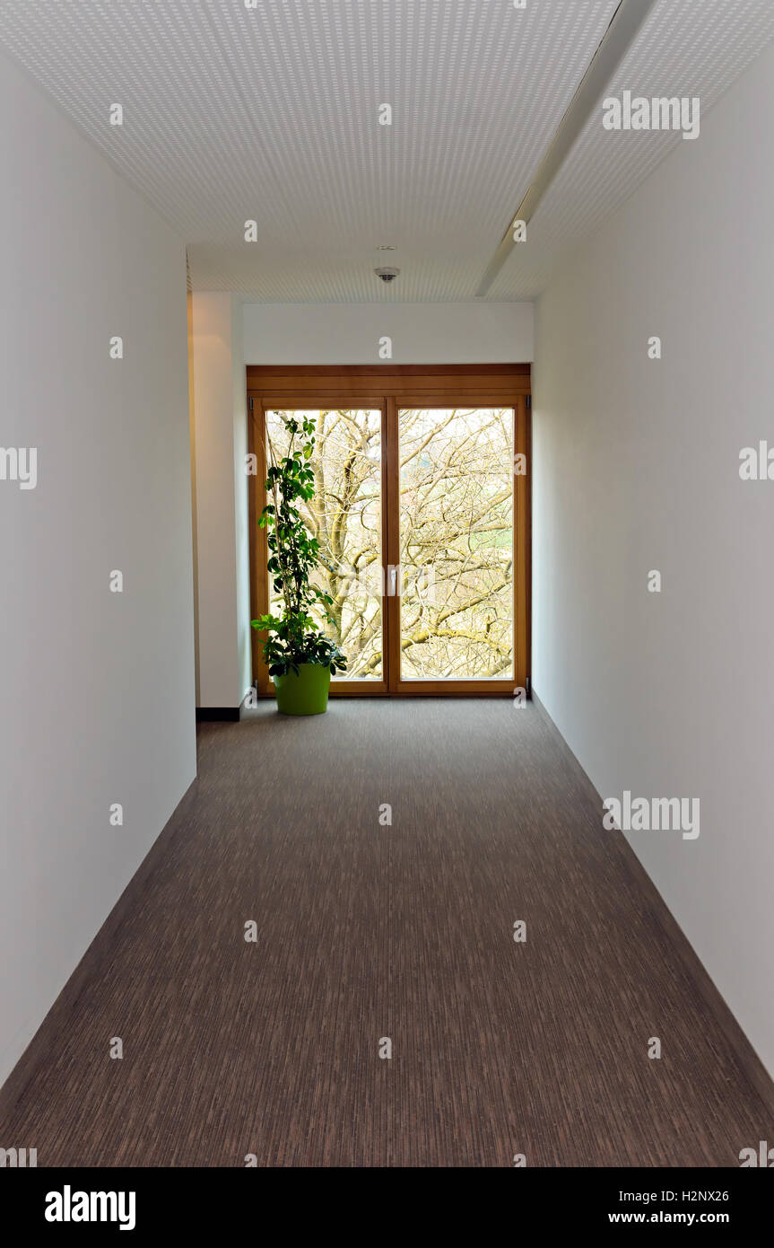 Corridor with a view through wooden window at the end Stock Photo - Alamy