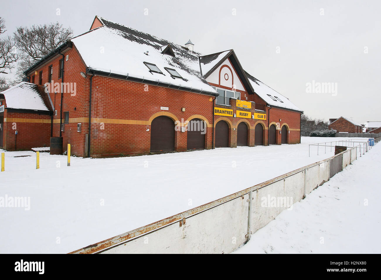 Snow lies on the pitch and surrounding areas at Braintree Rugby Club ...