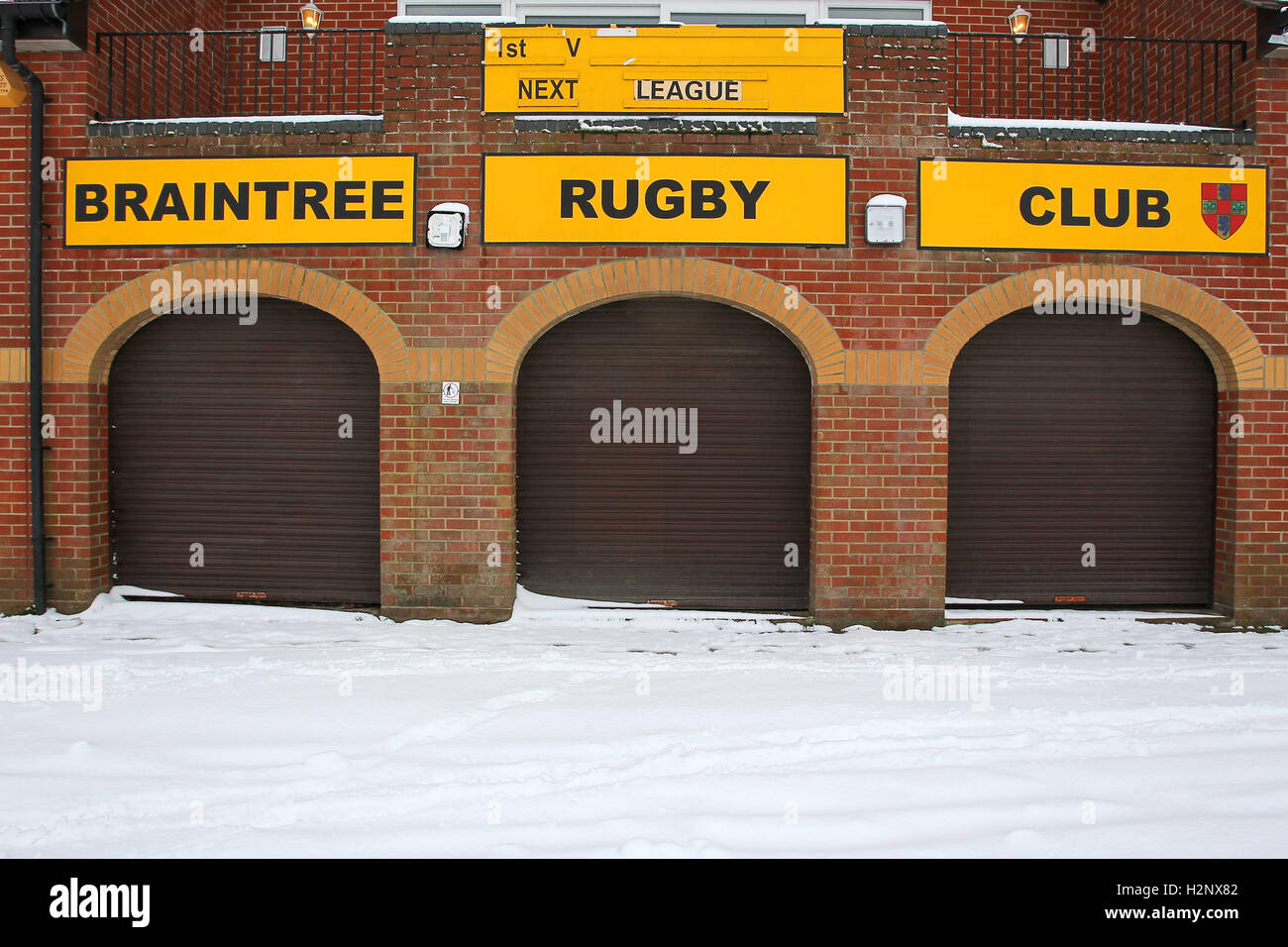 Snow lies on the pitch and surrounding areas at Braintree Rugby Club ...