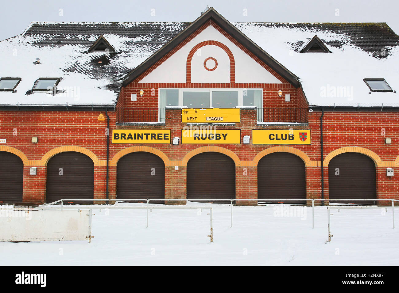 Snow lies on the pitch and surrounding areas at Braintree Rugby Club ...
