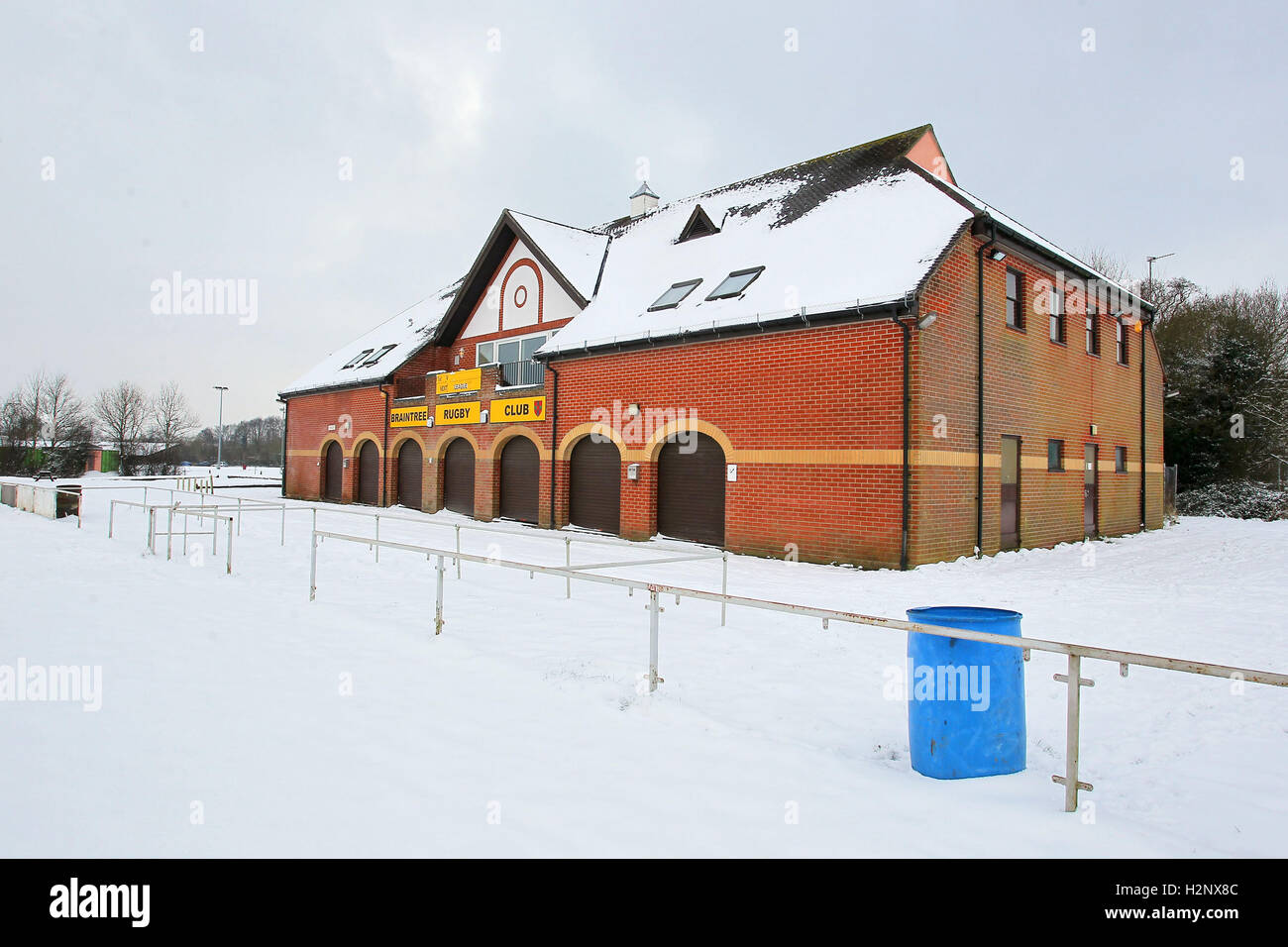 Snow lies on the pitch and surrounding areas at Braintree Rugby Club ...