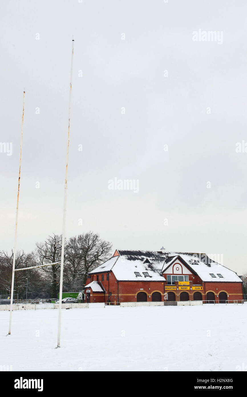 Snow lies on the pitch and surrounding areas at Braintree Rugby Club ...
