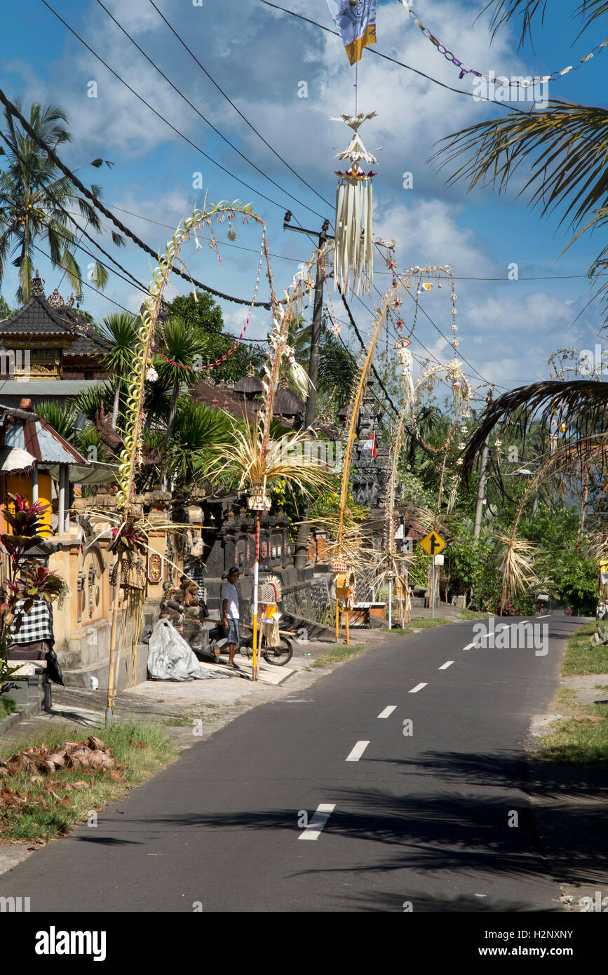 Indonesia, Bali, Putung, Kuningan festival, penjor decorations arching ...