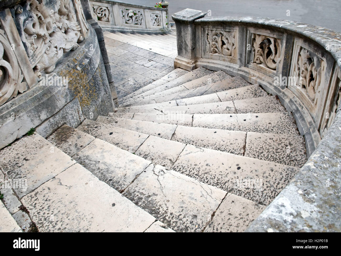 Descending old Mediterranean stone stairs (shot in Korčula isle ...