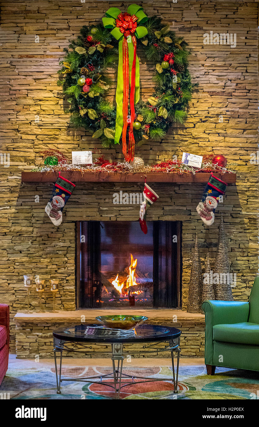 Fireplace At Christmas Time Stock Photo - Alamy