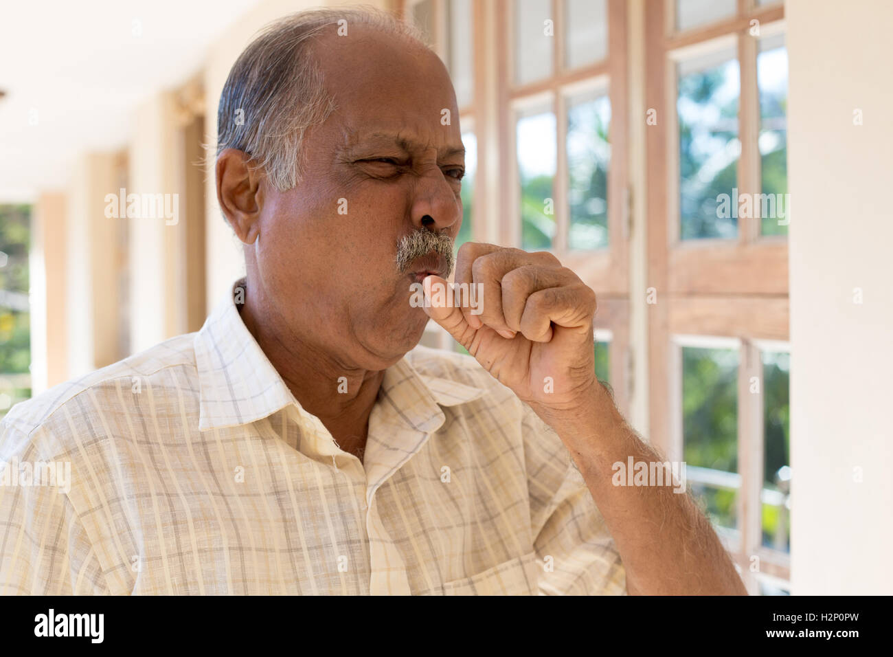 Closeup portrait, old man coughing with post nasal drip bug, really ...