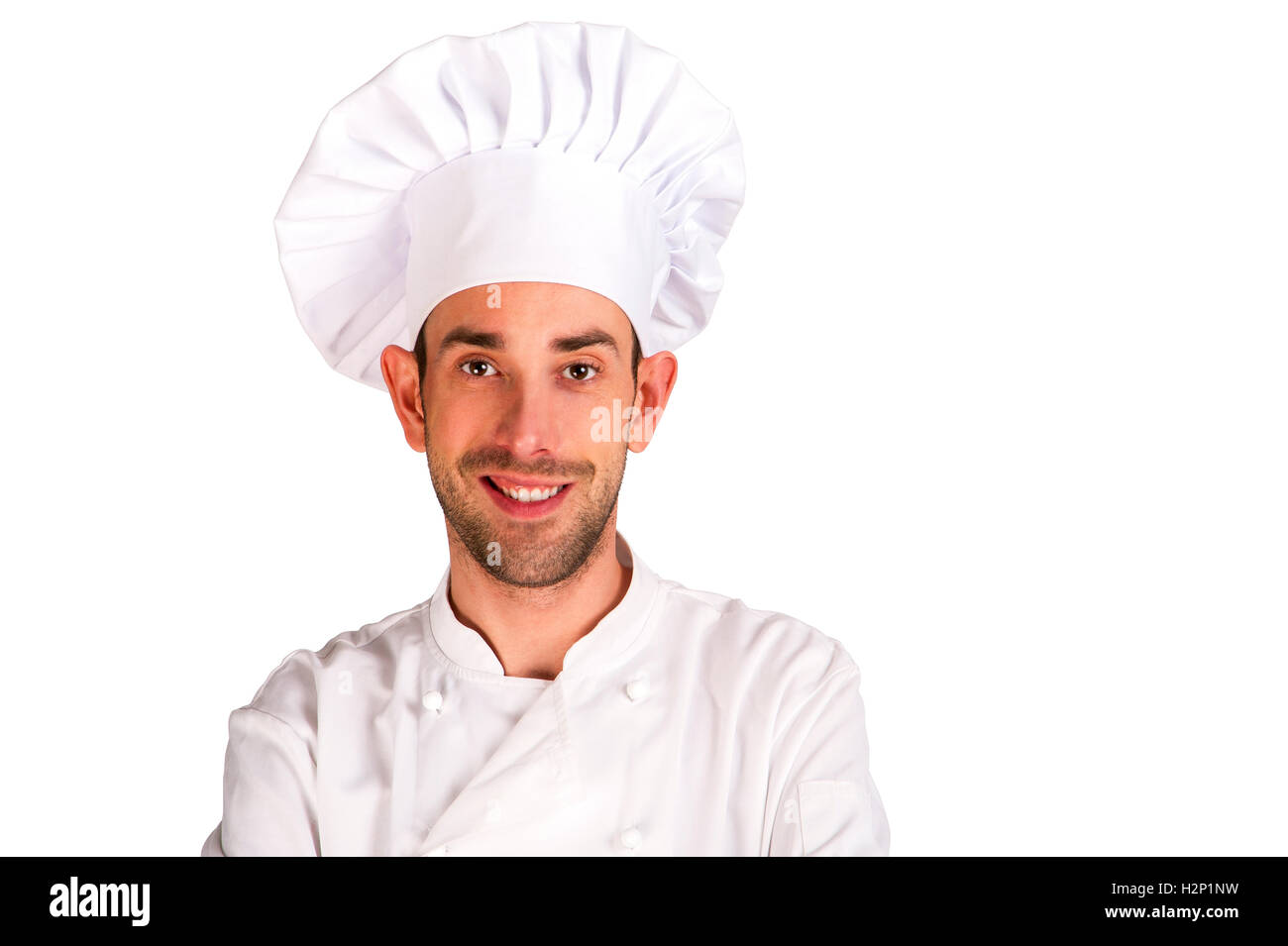 Male chef portrait smiling against white background Stock Photo - Alamy