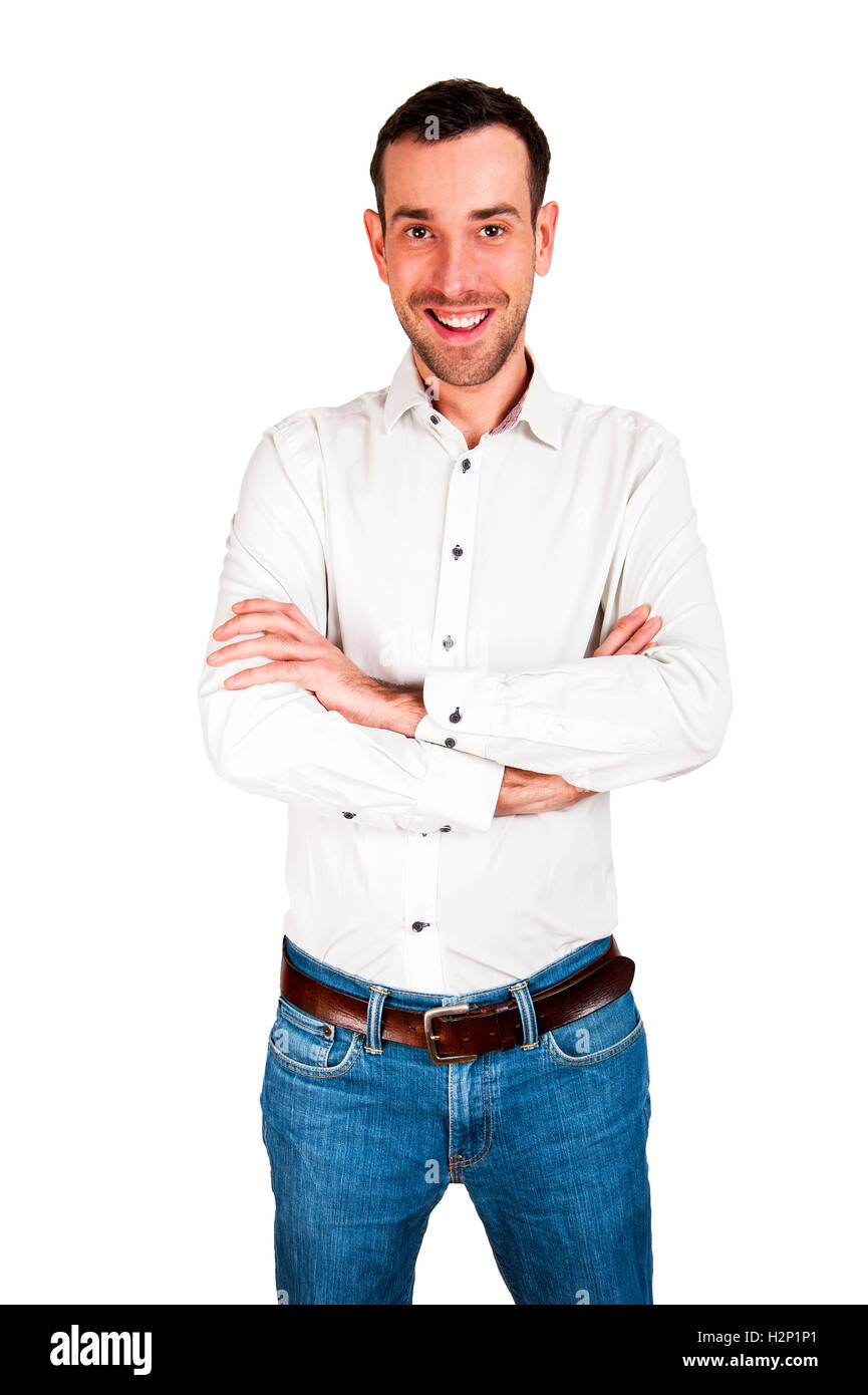 Portrait of a smart young man standing with white background Stock ...