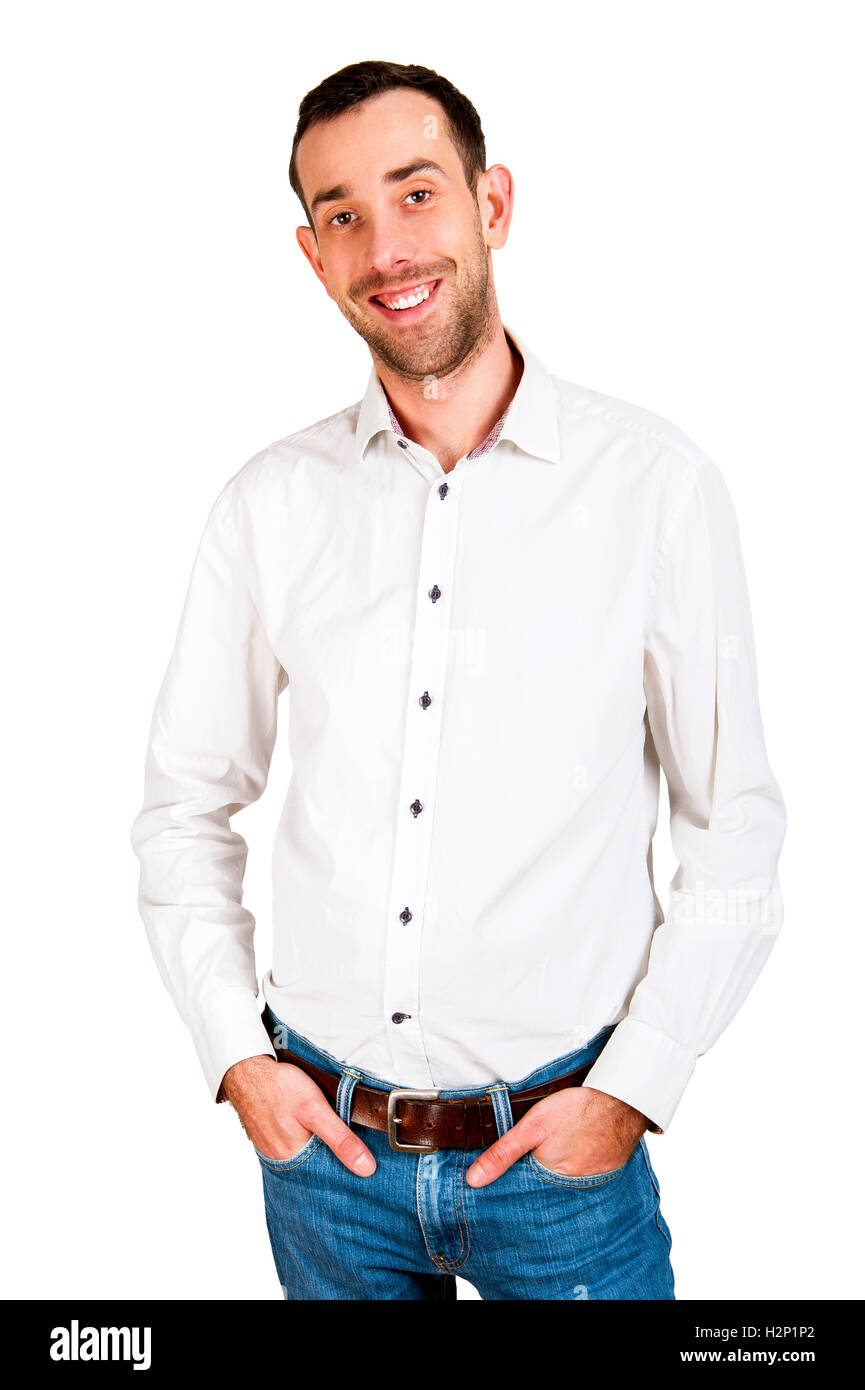 Portrait of a smart young man standing with white background Stock ...