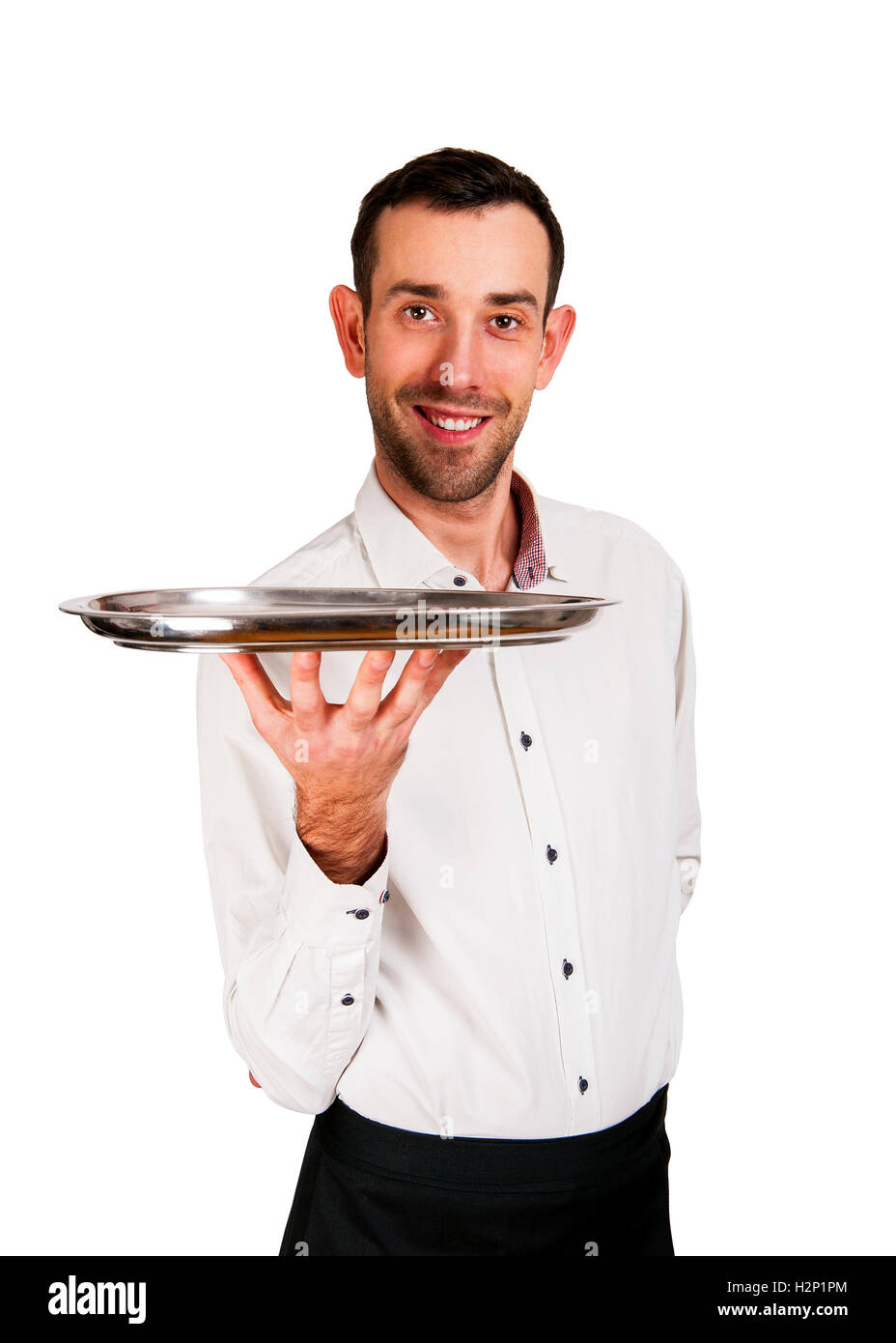 Waiter holding tray with smile, isolated over white background Stock ...