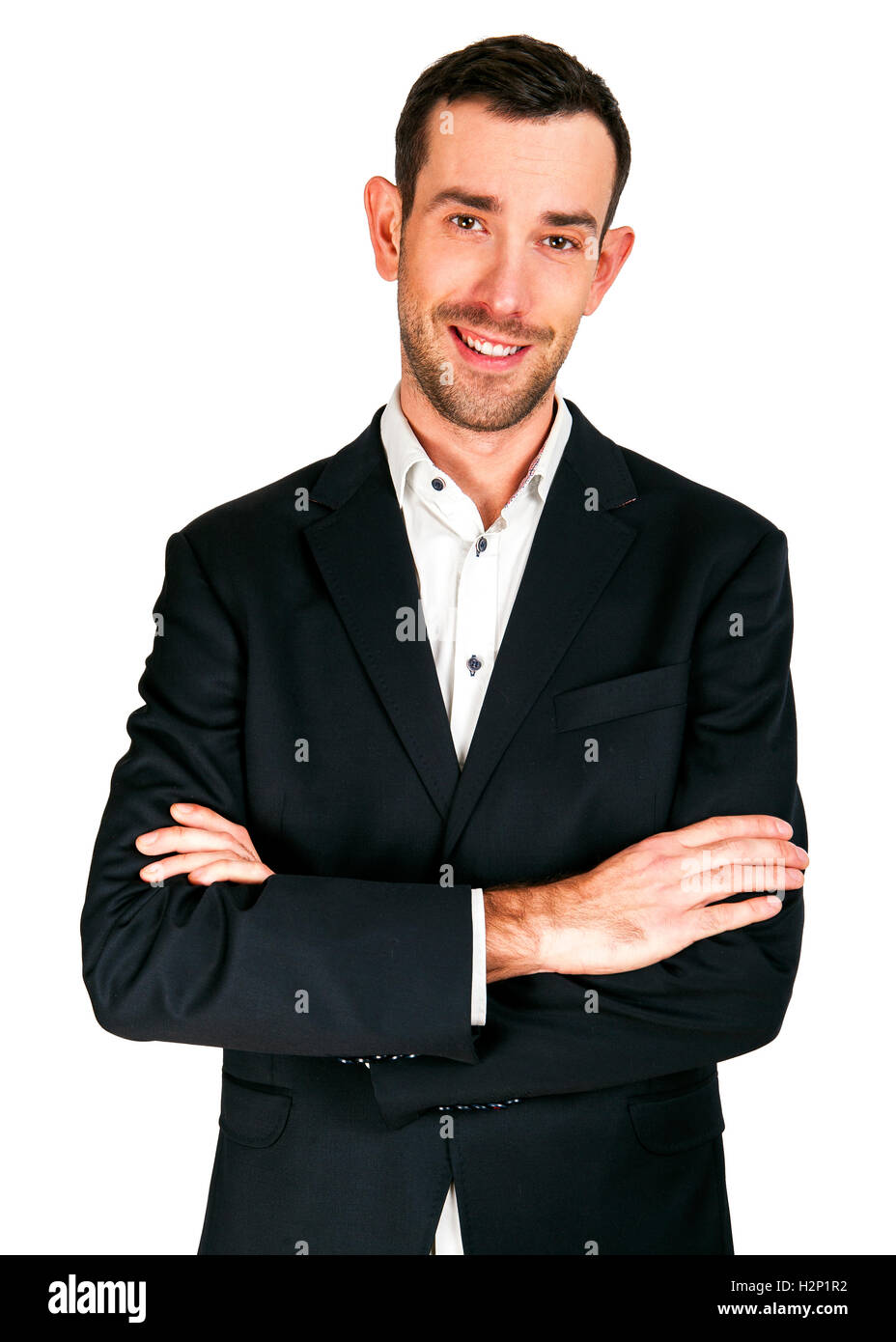 Business man with crossed arms smiling, isolated over white background ...