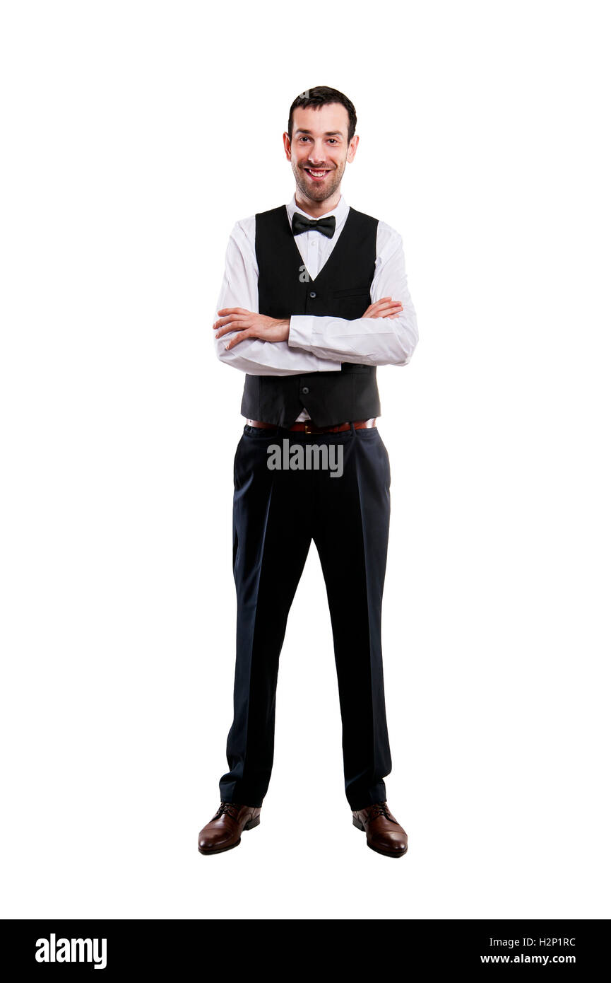 Waiter isolated over white background, full body apron Stock Photo - Alamy