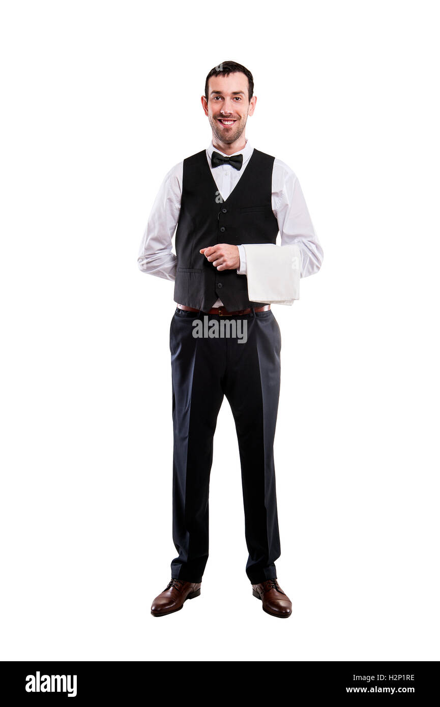 Waiter isolated over white background, full body apron Stock Photo - Alamy