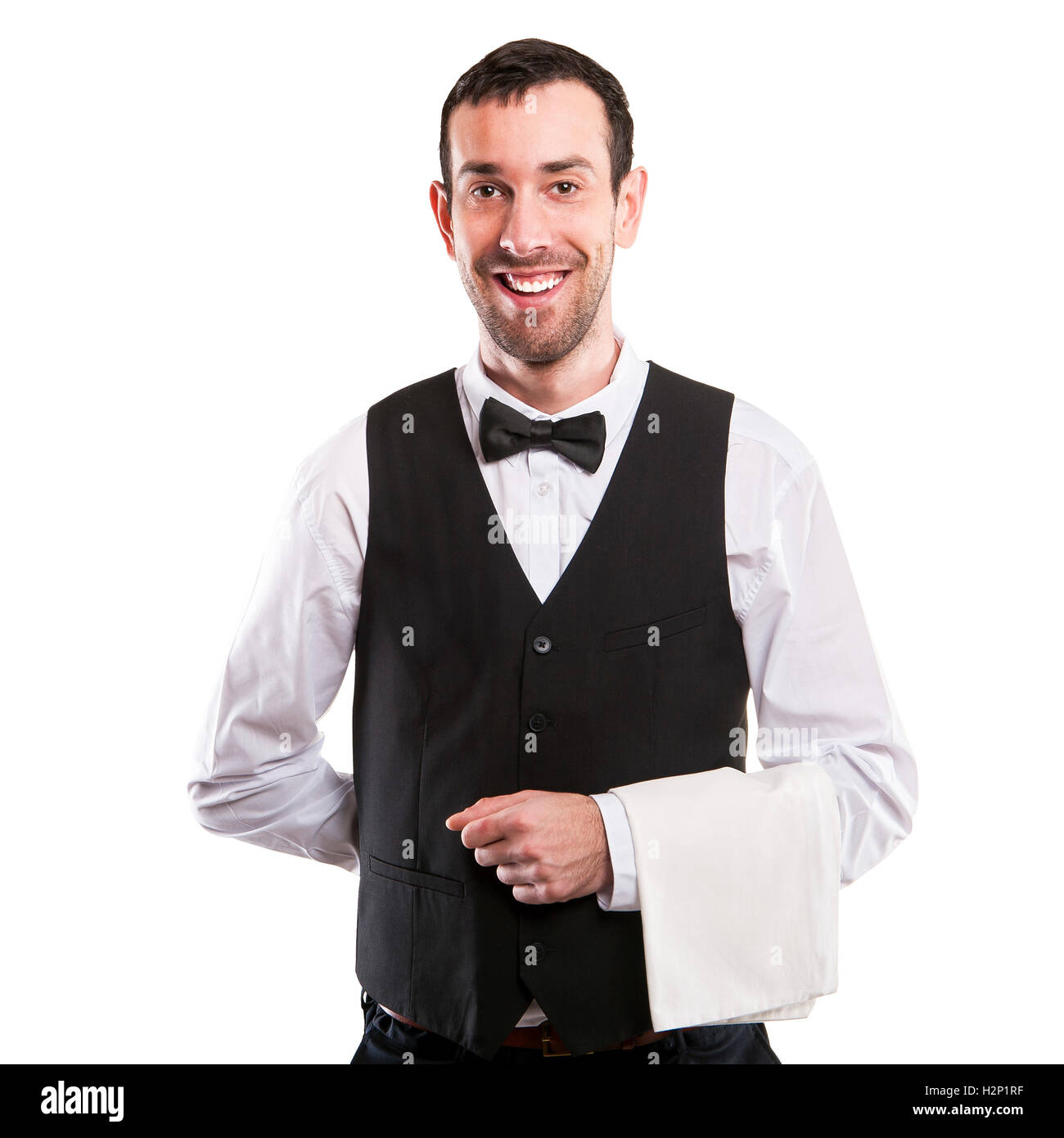 Waiter isolated over white background smiling, full body apron Stock ...
