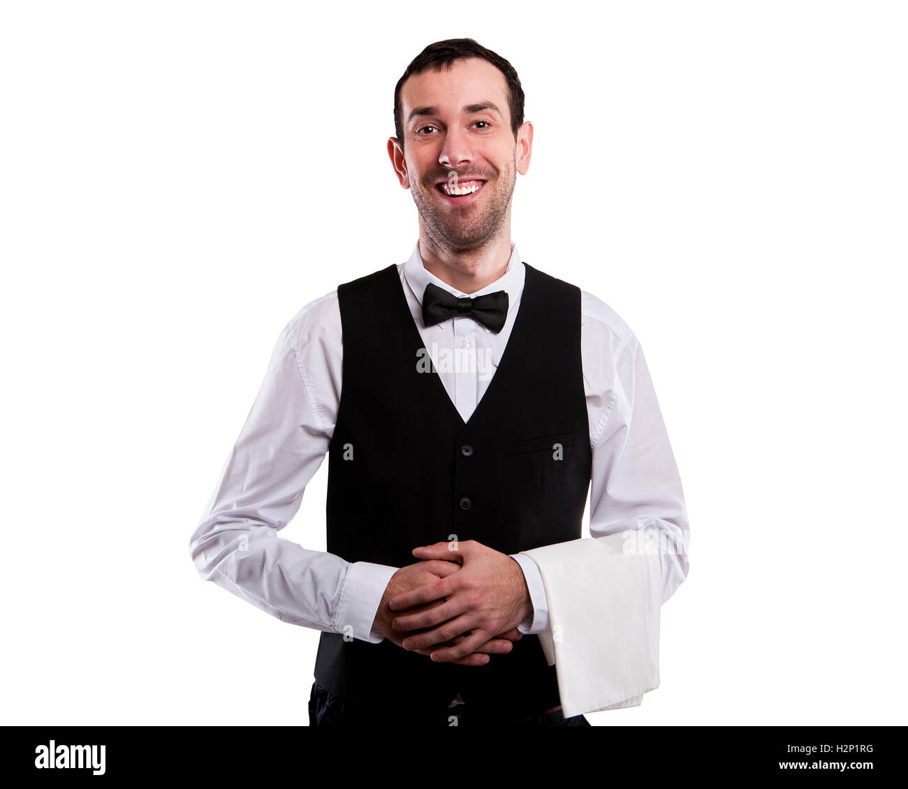 Waiter isolated over white background smiling, full body apron Stock ...