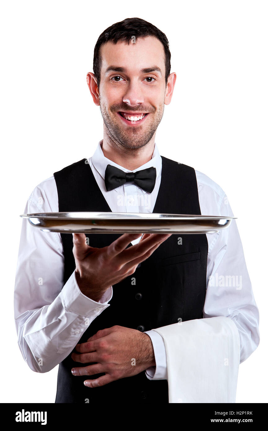 Waiter holding tray. Isolated over white background. Smiling butler ...