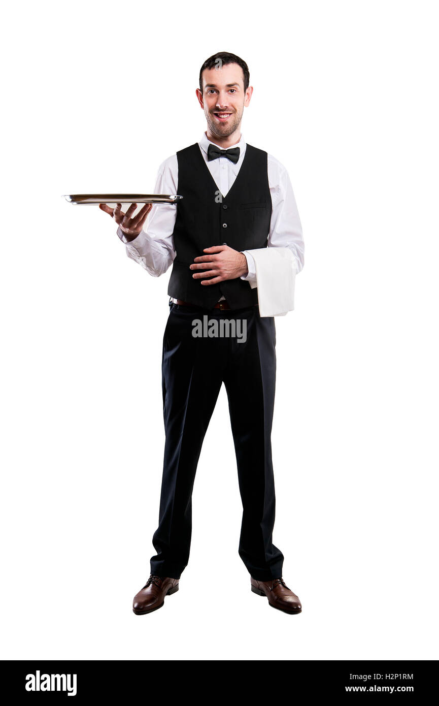 Waiter holding tray. Isolated over white background. Smiling butler ...