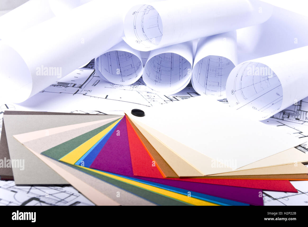 paint samples on plans background Stock Photo - Alamy