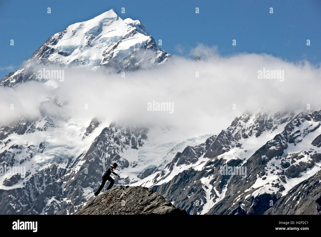 Hiking and climbing at Mount Cook National Park, New Zealand Stock ...