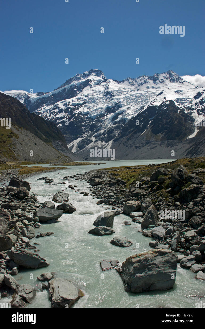Glacial melt water flows from the mountains in the Mount Cook range in ...