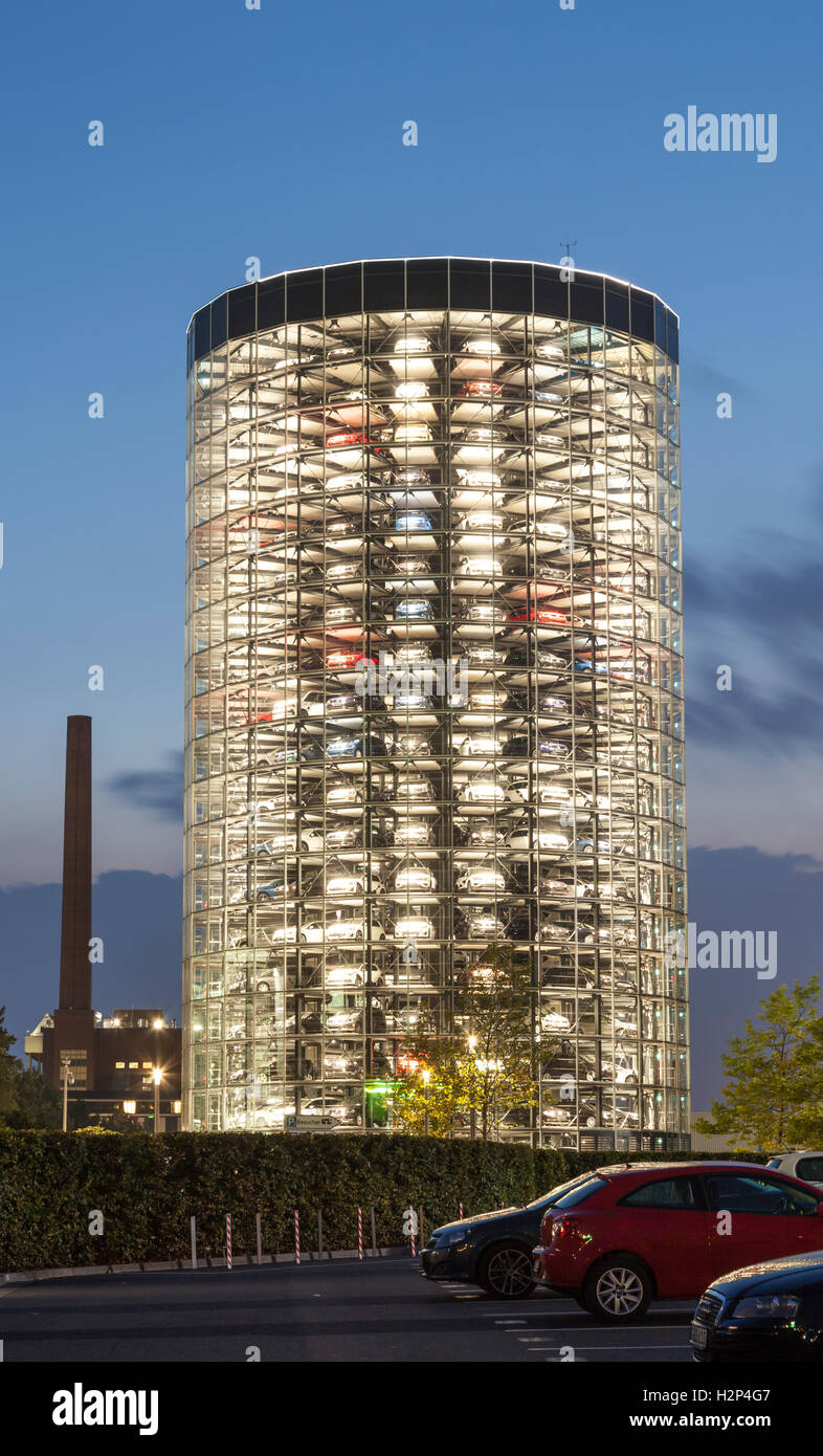 Storage building for new Volkswagen cars in Autostadt illuminated at ...