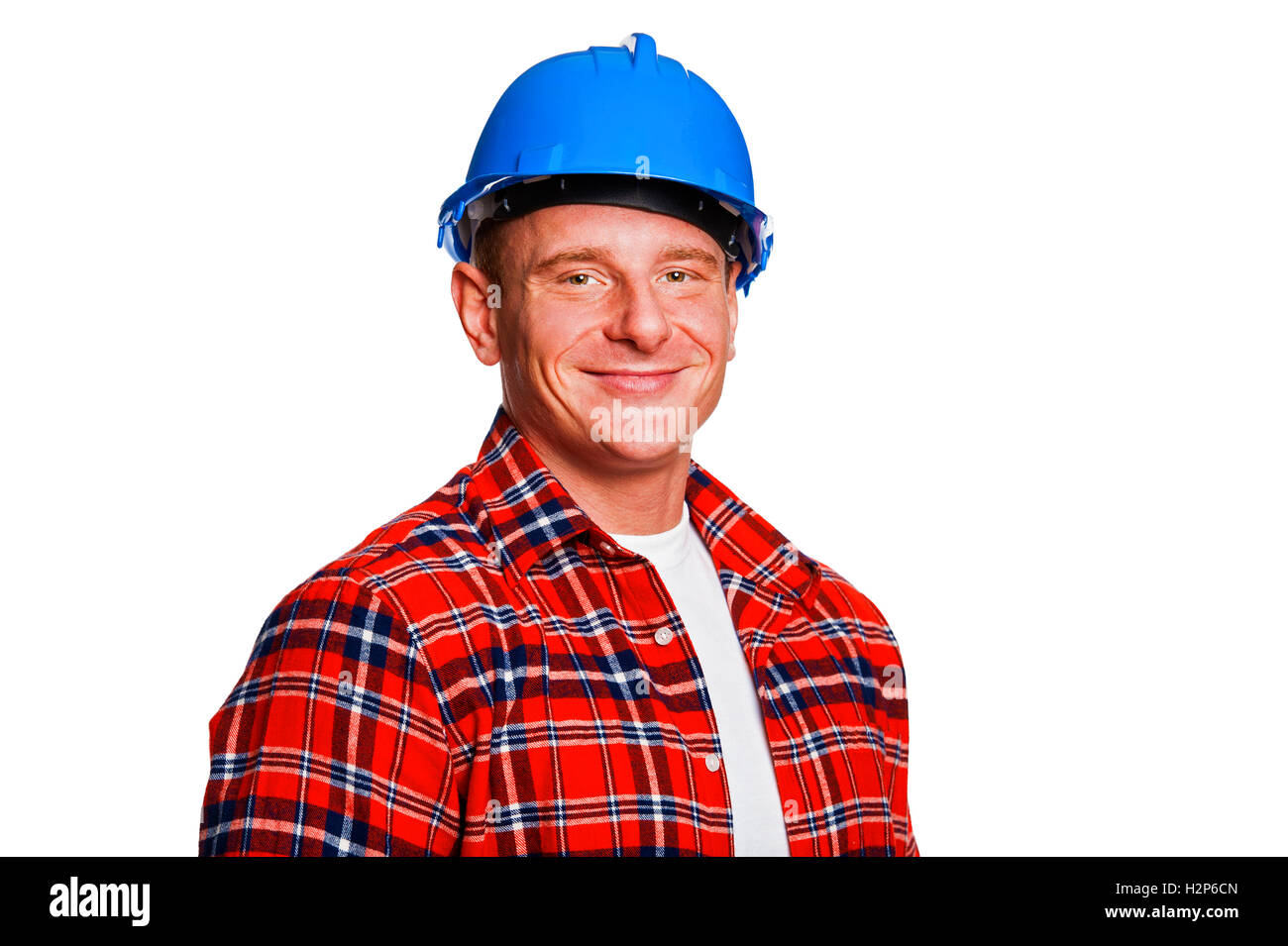 Worker in blue helmet Stock Photo - Alamy