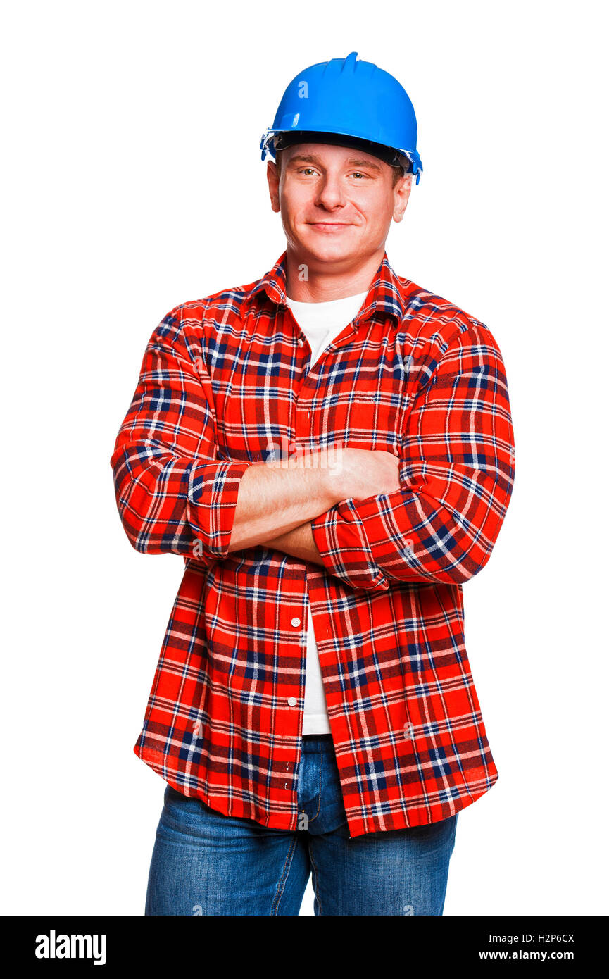 Worker in blue helmet Stock Photo - Alamy