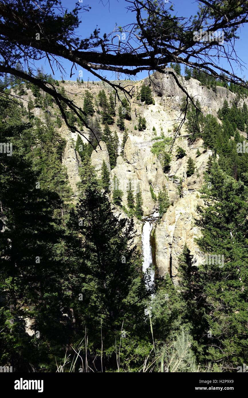 Tower fall surrounded by rocky spires ("towers"), Yellowstone National ...