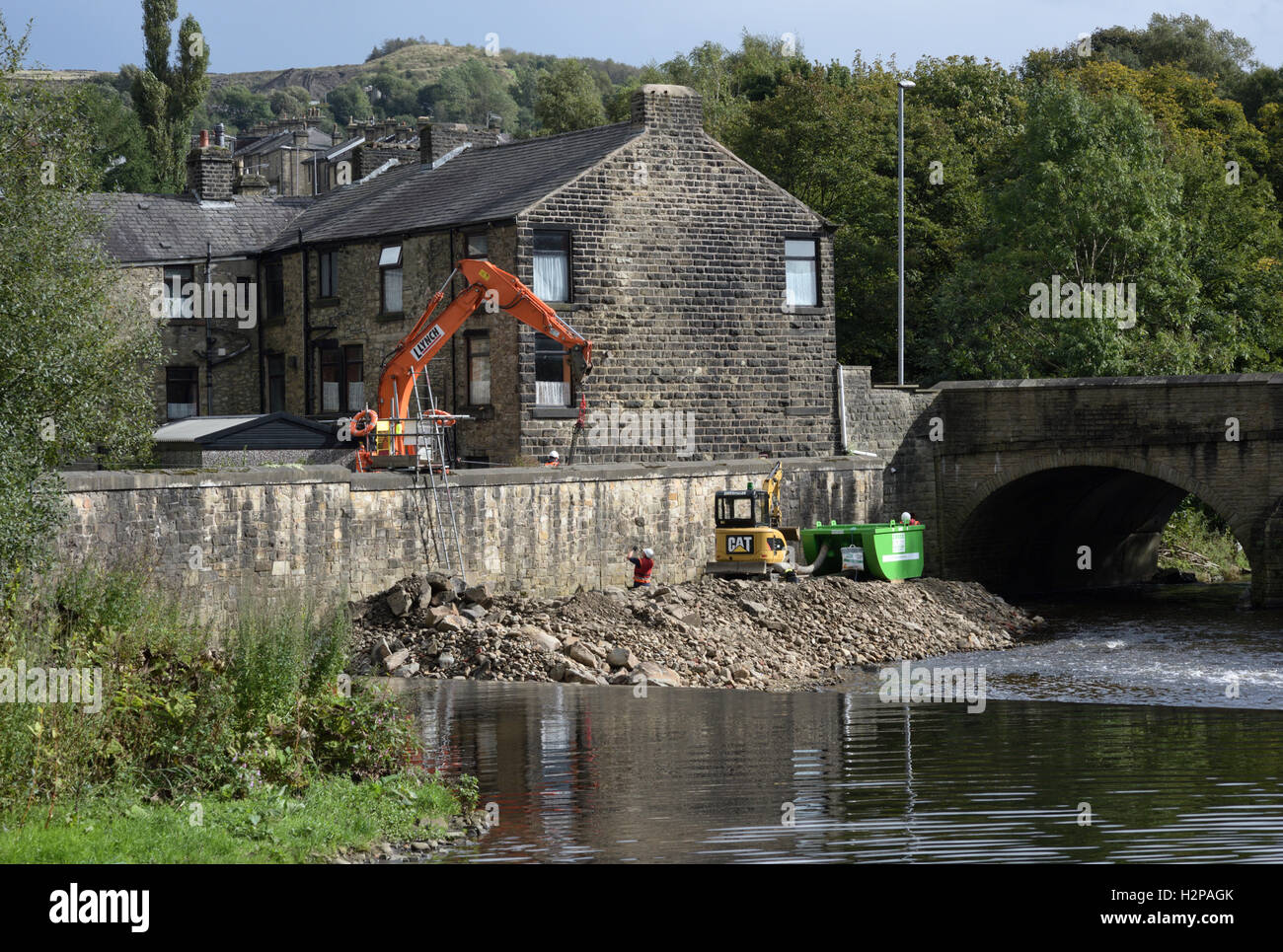 Flood damage repair downstream of weir on river irwell in ramsbottom ...