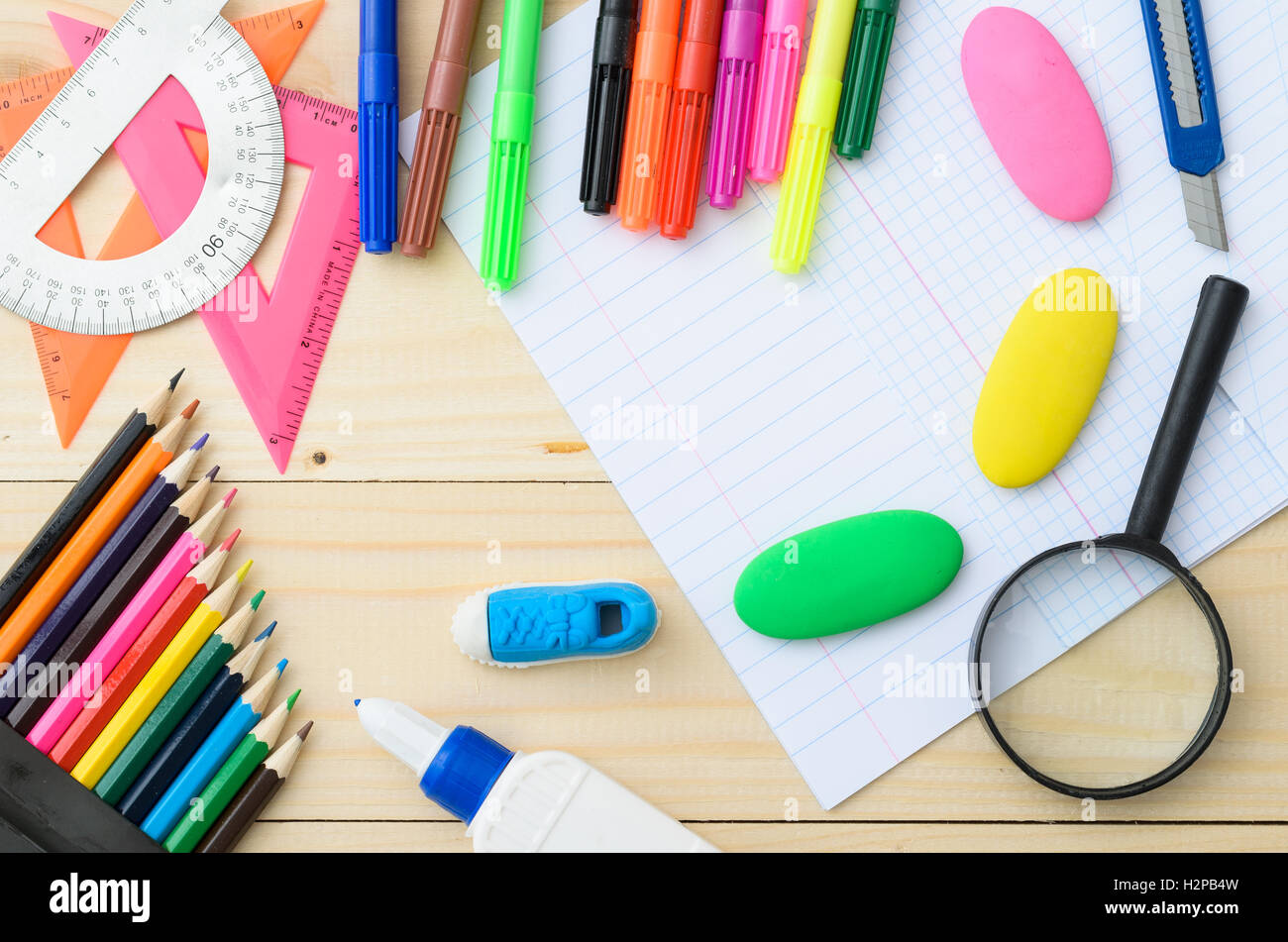 School stationery with notebook copyspace Stock Photo - Alamy