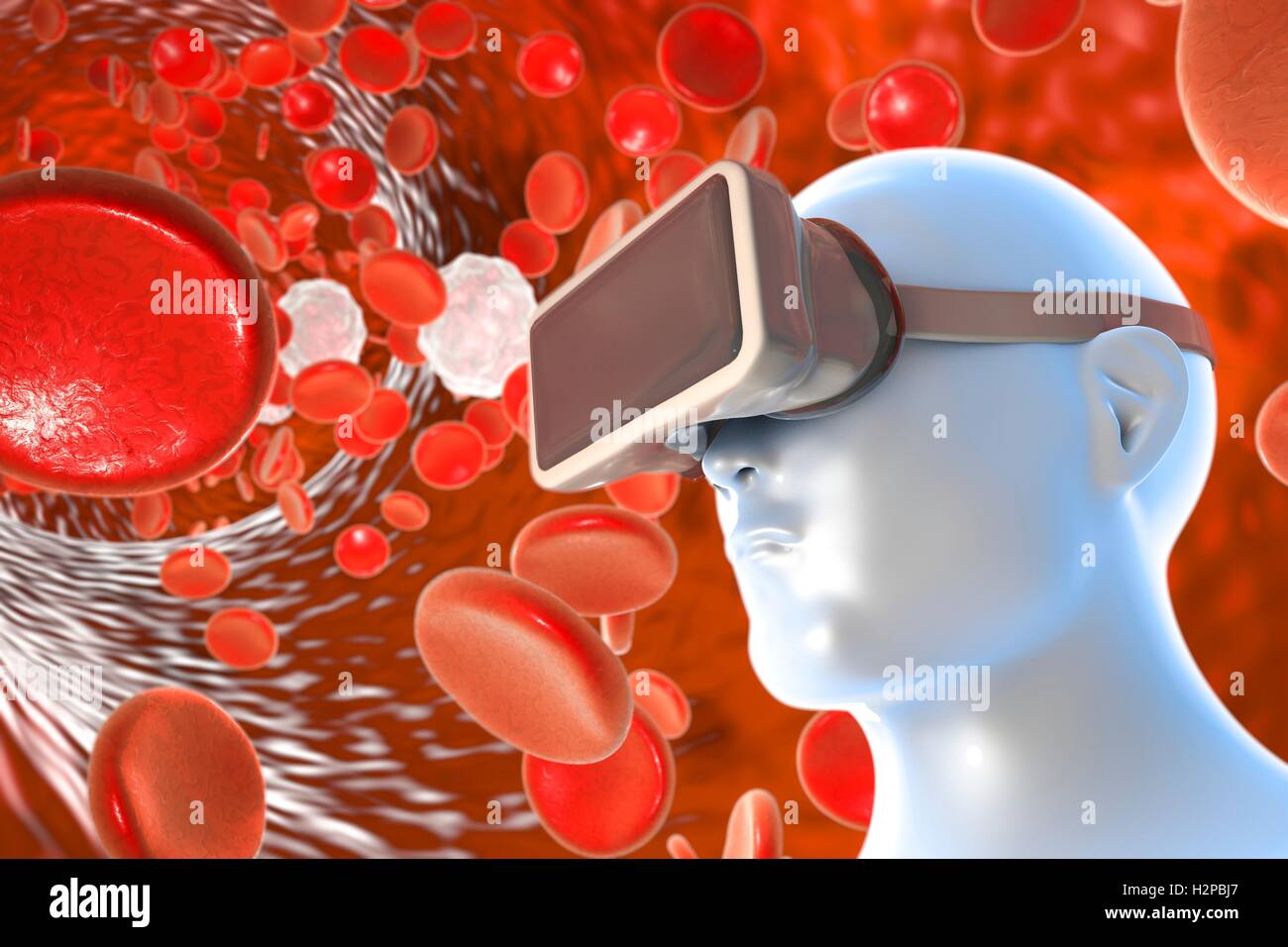 Human head wearing a virtual reality headset. Conceptual image showing ...