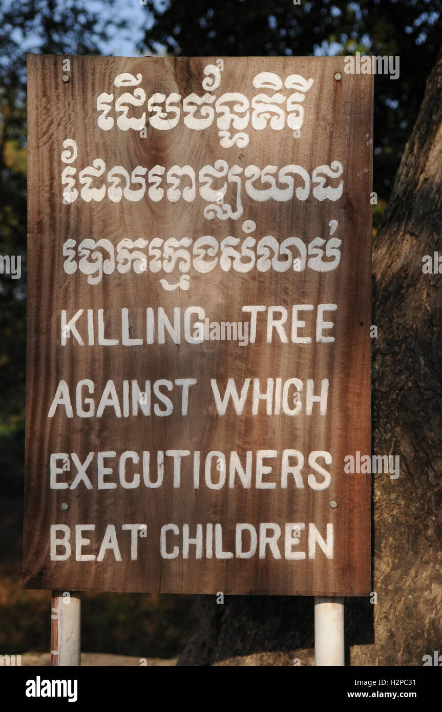 Wooden bilingual sign, The Killing Fields, Choeung Ek Genocide Memorial ...