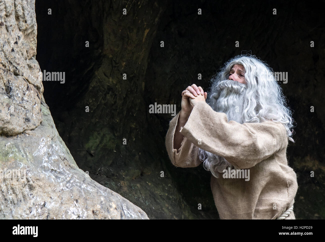 The old hermit praying in the cave. The bearded monk meditating in ...