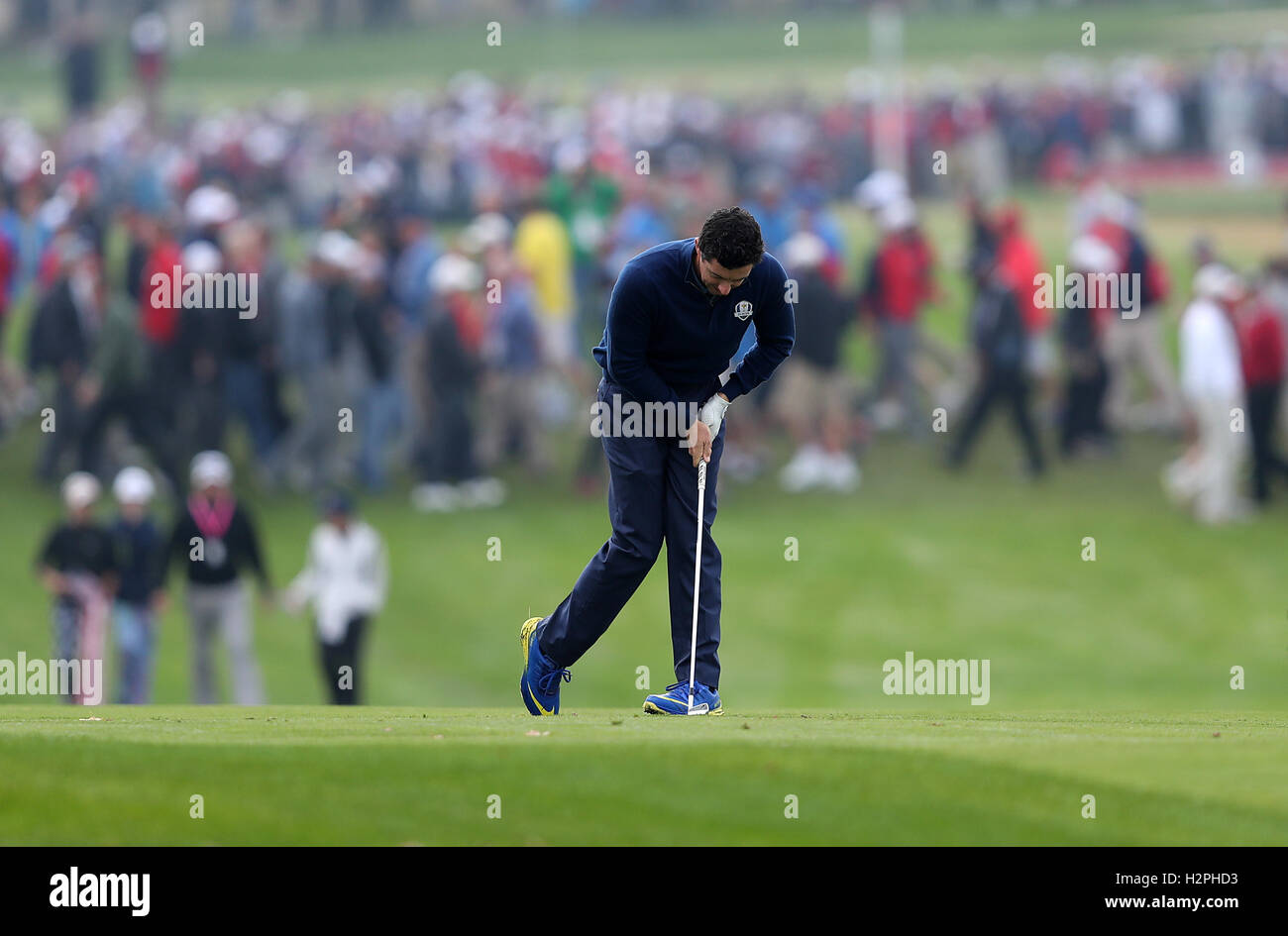 Europe's Rory McIlroy looks dejected on the 9th during day one of the ...