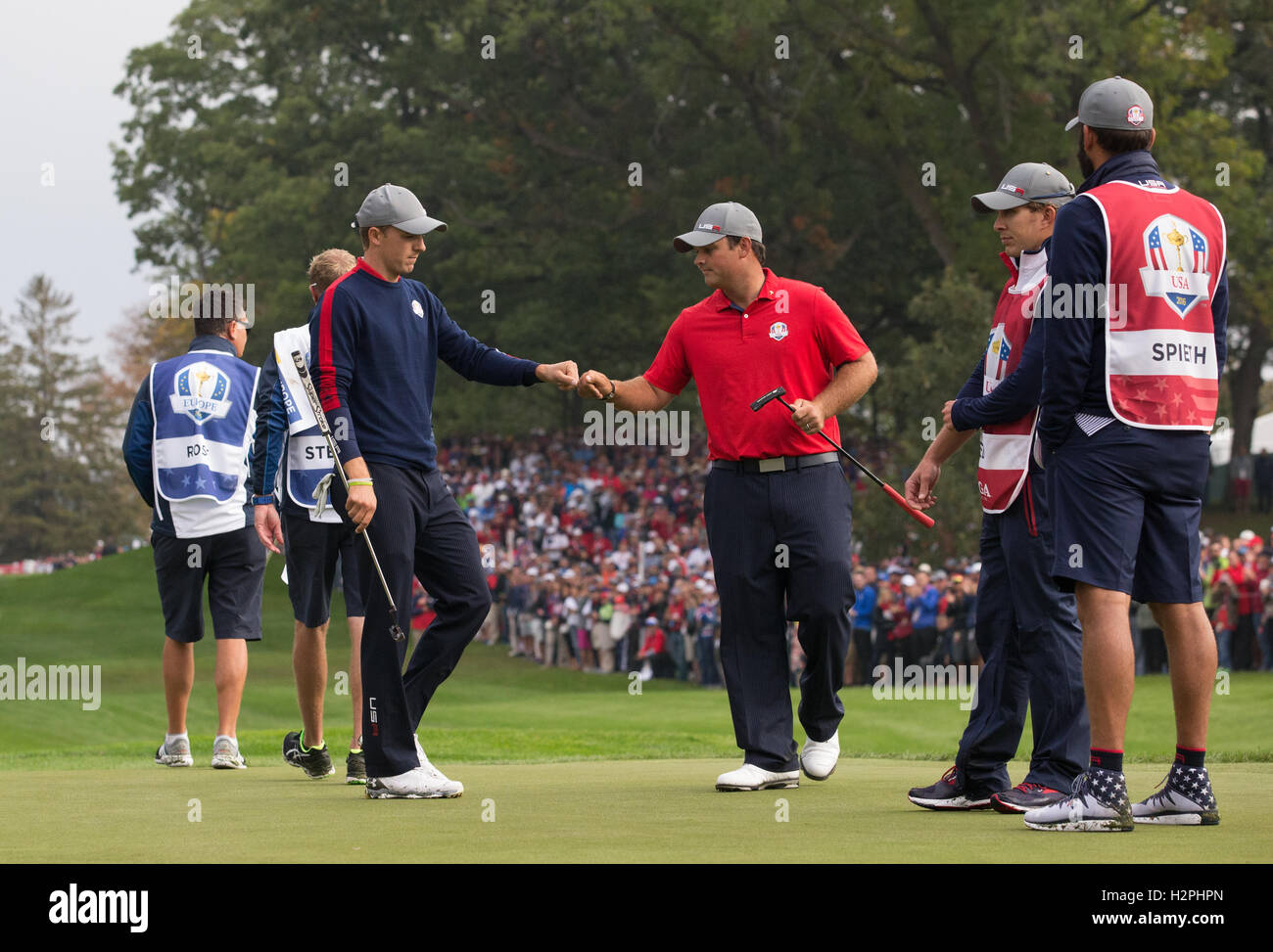 USA's Jordan Spieth and USA's Patrick Reed fist bump during day one of ...