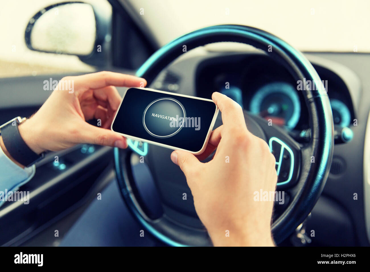 hands with navigator on smartphone in car Stock Photo - Alamy