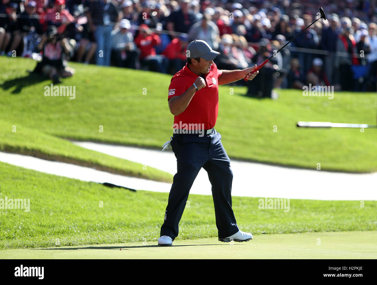 USA's Patrick Reed celebrates winning his round during day one of the ...