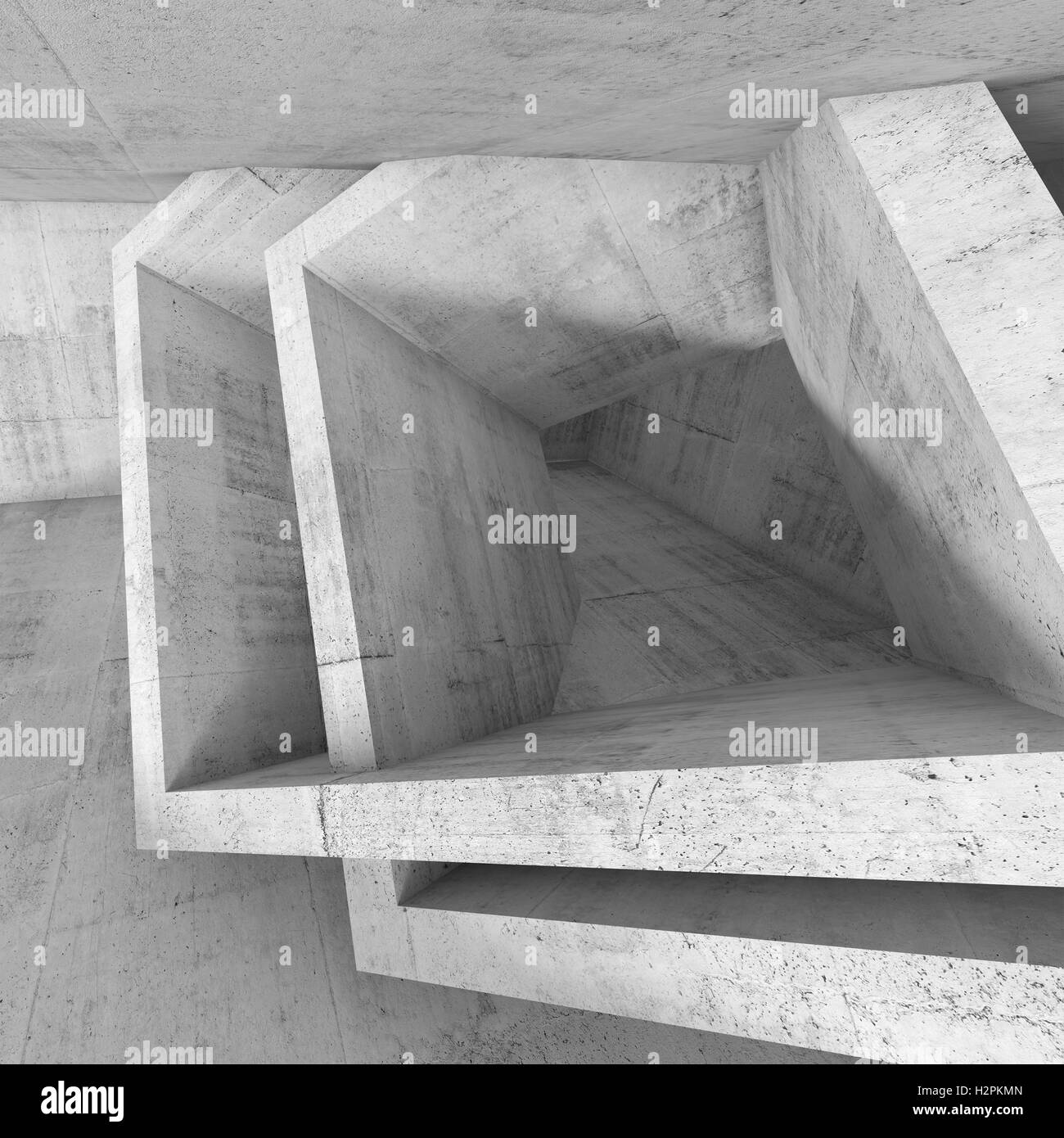 Abstract white concrete room with cubic structures installation. Square ...