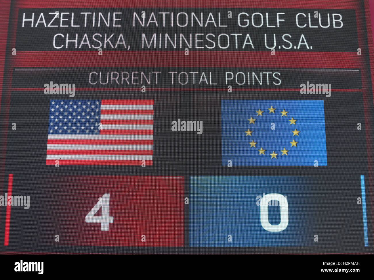 A view of the scoreboard, showing USA 4 up after the morning Foursomes ...
