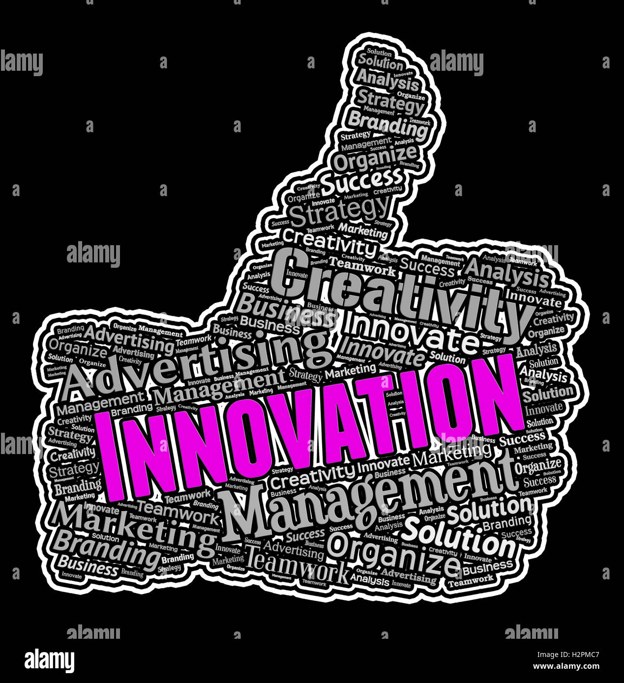 Innovation Words On Thumbs Up Shows Reorganization And Ideas Stock ...