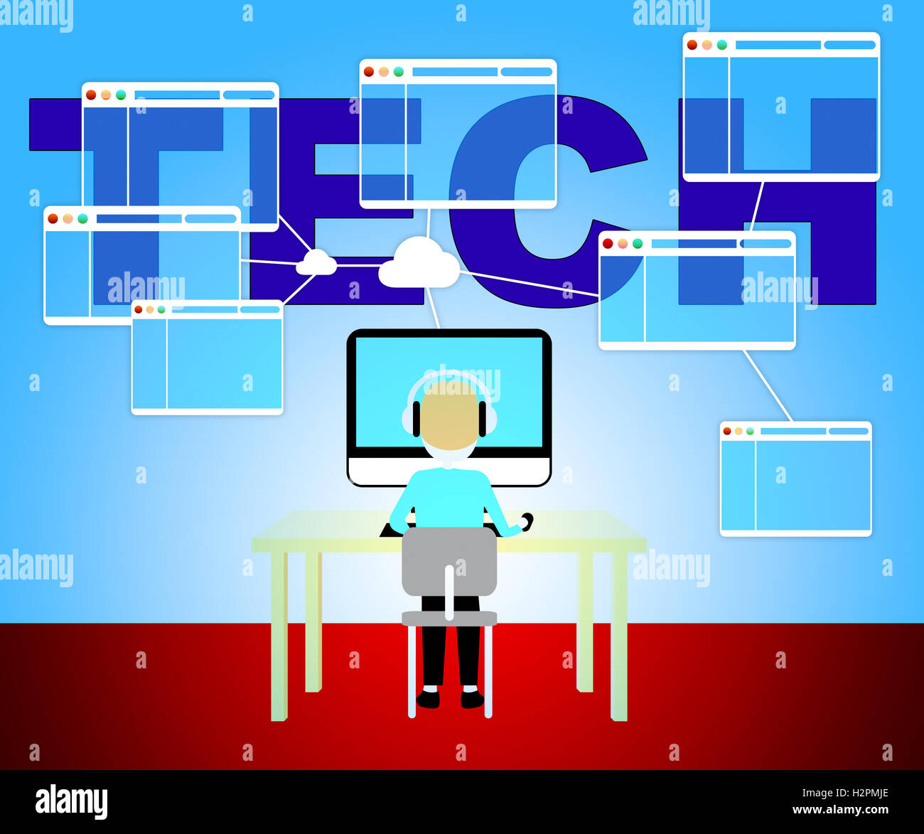 Man On Computer And Tech Word Represents Internet Web And Www Stock ...