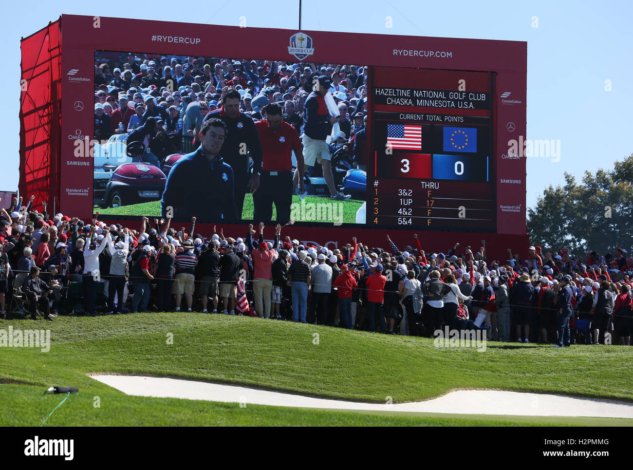 A view of the scoreboard and USA fans cheering during day one of the ...