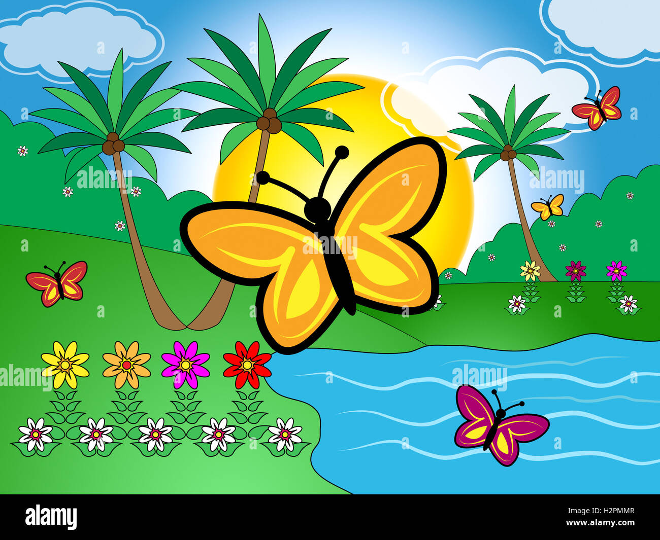 Butterflies On Lake Indicating Scenic Tranquil Green Countryside Stock ...