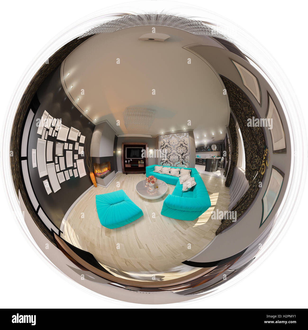 3d illustration spherical 360 degrees, seamless panorama of living room ...