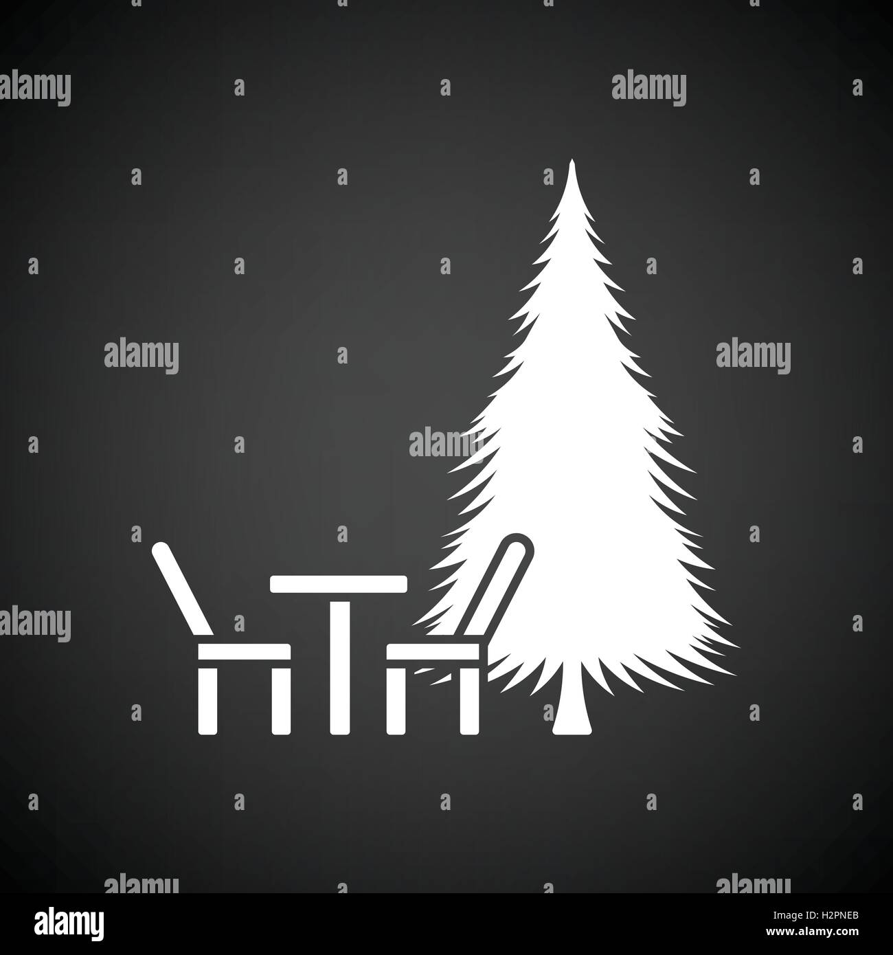 Park seat and pine tree icon. Black background with white. Vector ...