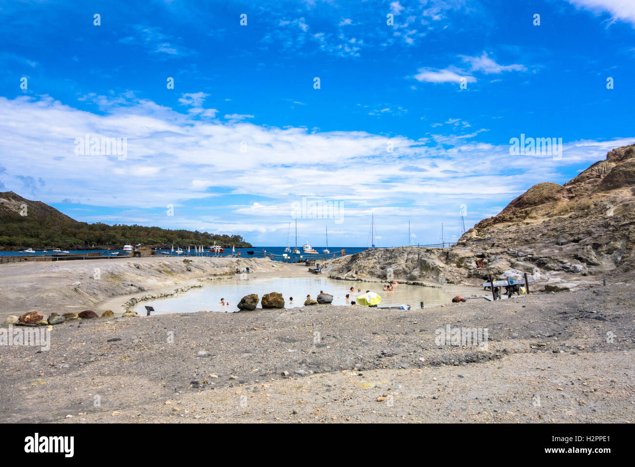 People bathing in volcanic mud on the island of Vulcano, Aeolian ...