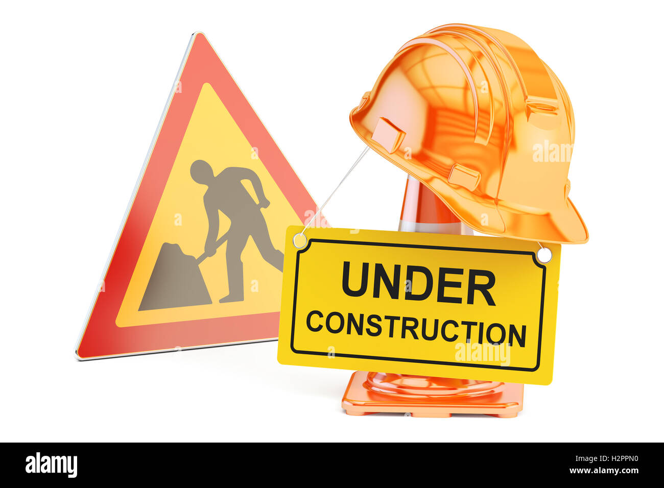 Under construction concept. Traffic cones, hardhat and road sign. 3D ...