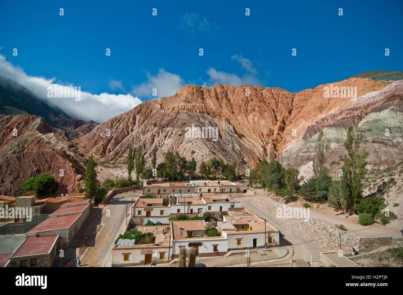 Purmamarca, aerial view of coloured mountains and old town. Seven ...