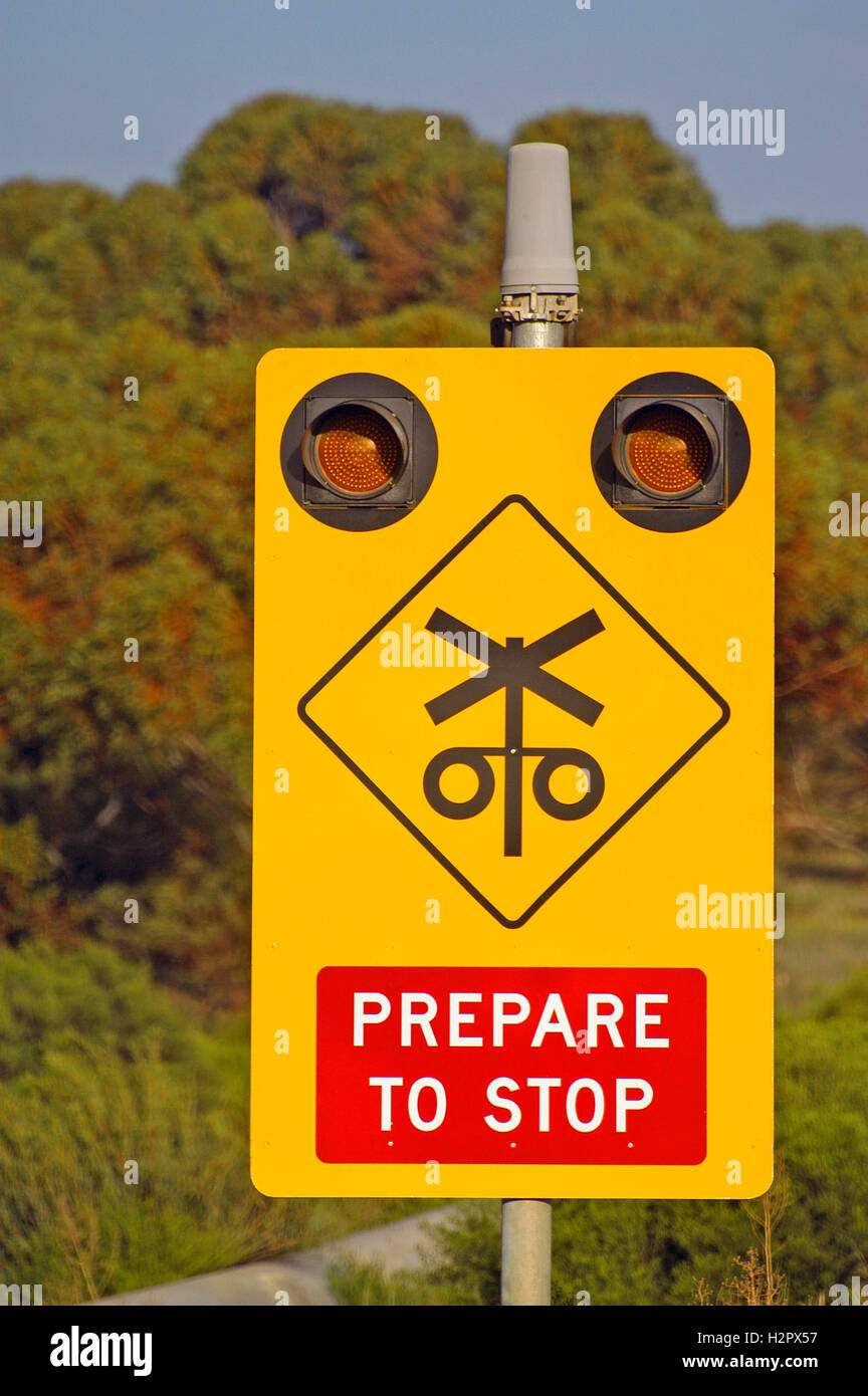 Road sign announcing possible crossing a train on the road in Australia ...